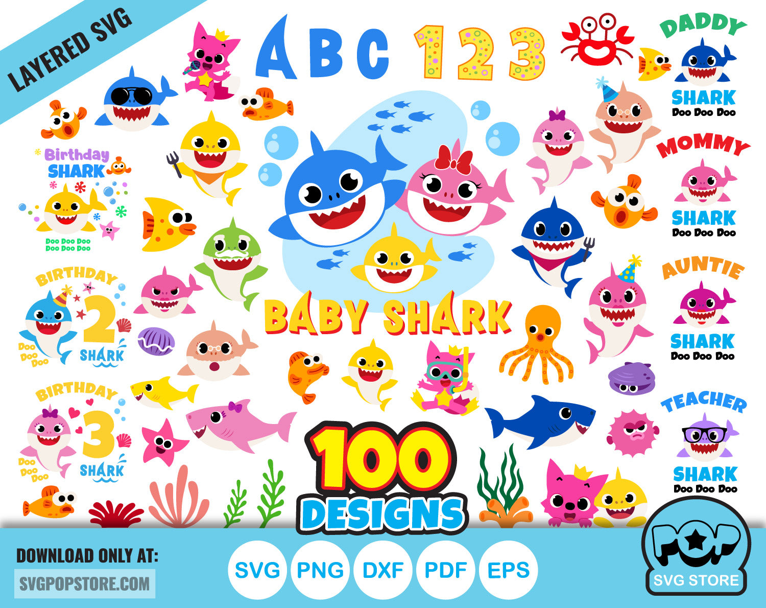 Baby Shark 100 cliparts bundle + alphabet, Baby Shark svg cut files fo ...