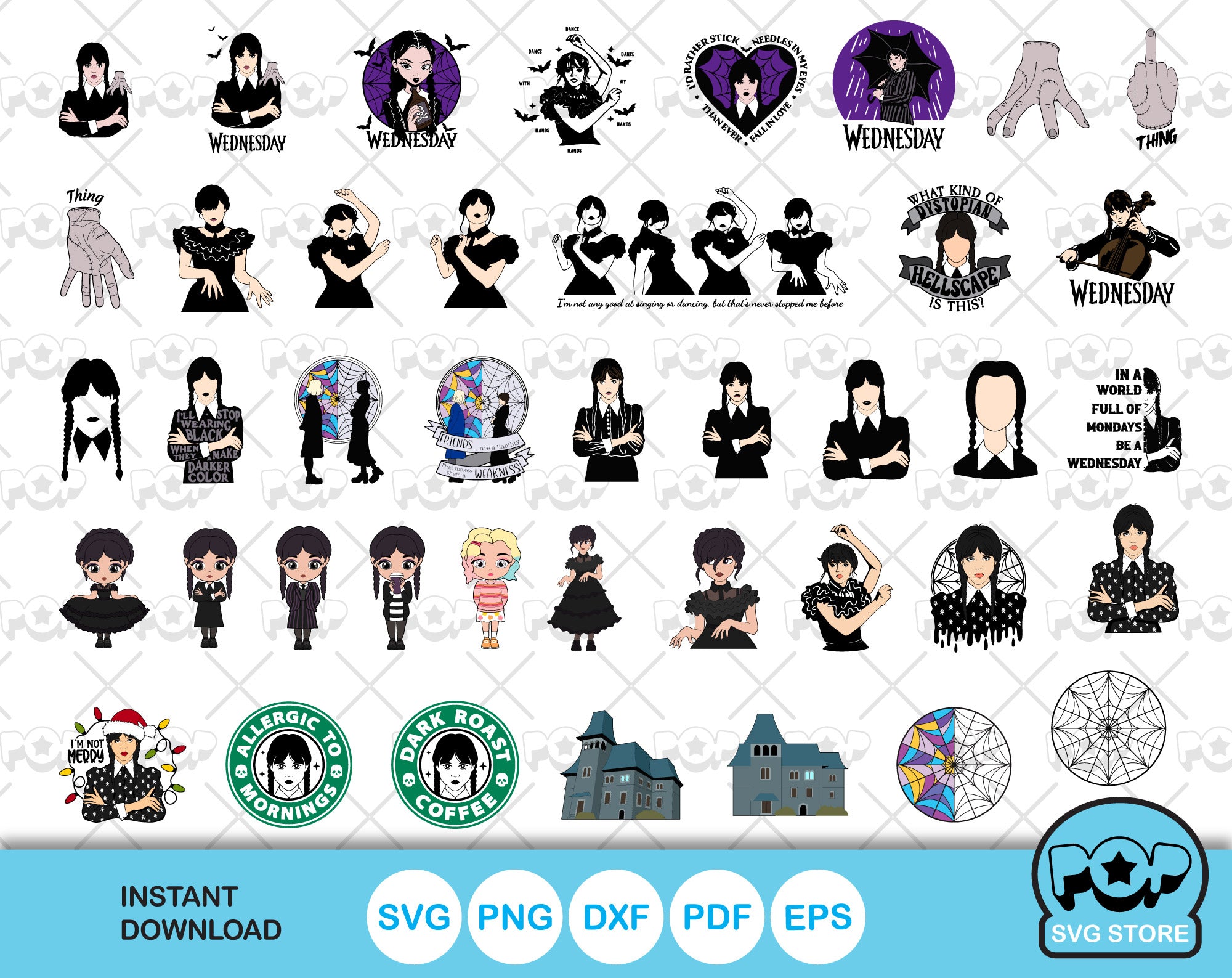 Wednesday Addams 100 cliparts set + alphabet, Wednesday svg cut files ...