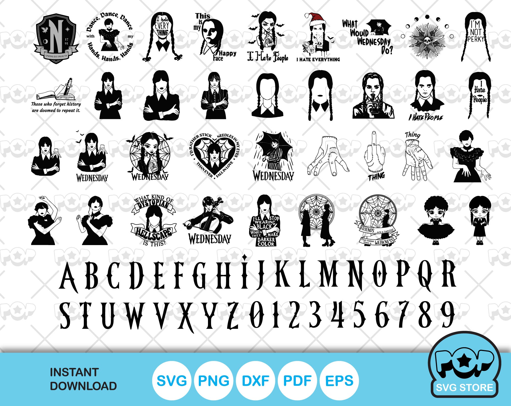 Wednesday Addams 100 cliparts set + alphabet, Wednesday svg cut files ...