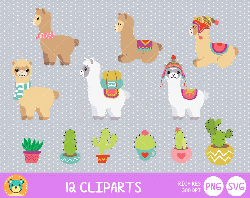 Alpaca and Cactus clipart set, Digital clip art for decoration, scrapb ...