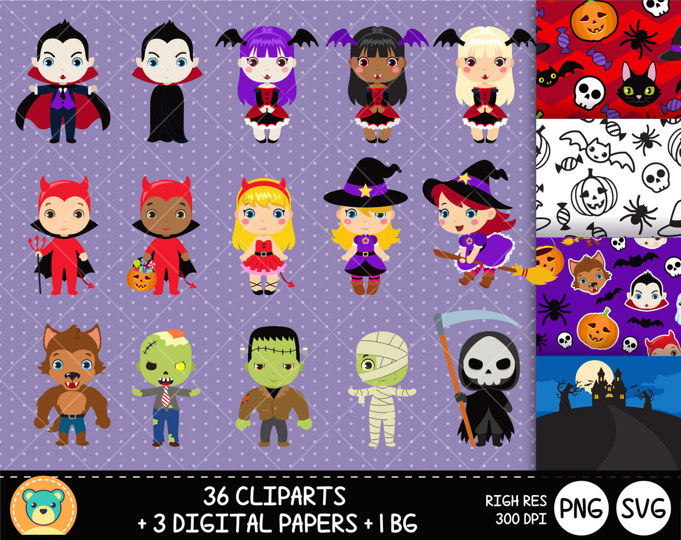 Cute Halloween clipart set, Digital clip art for decoration, scrapbook ...