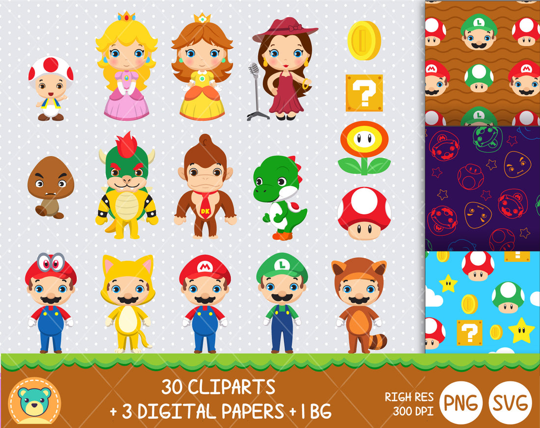 Cute Mario clipart set, Digital clip art for decoration, scrapbooking ...