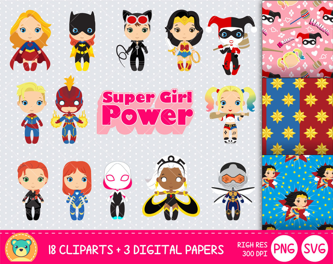 Cute Super Girls clipart set, Superheroines clip art for decoration, s ...