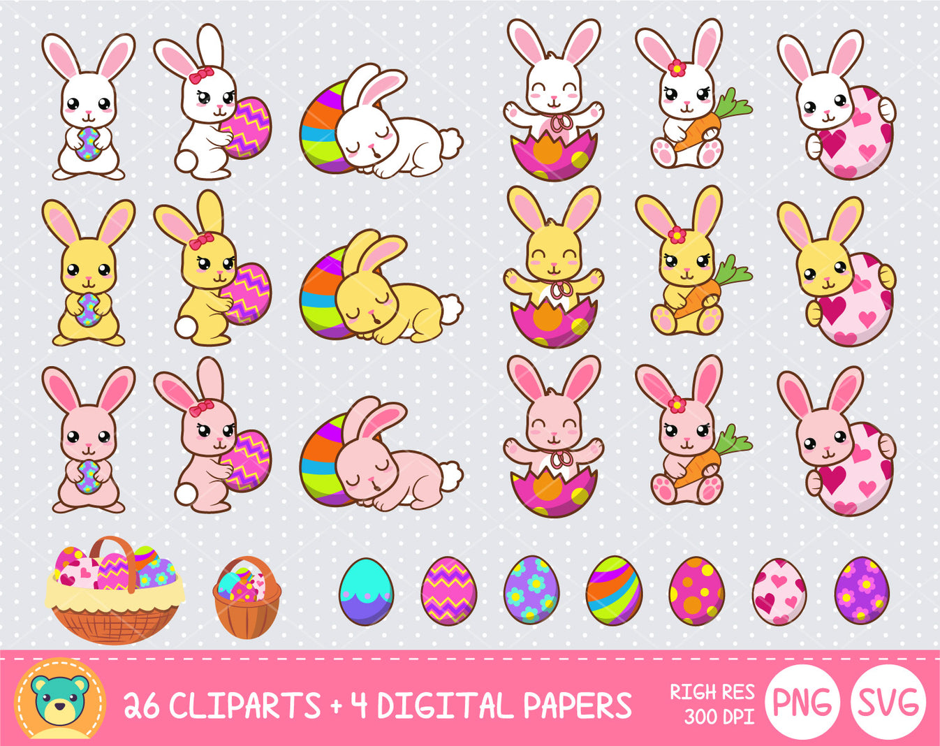 Cute Easter Bunny clipart set, Digital clip art for decoration, scrapb ...