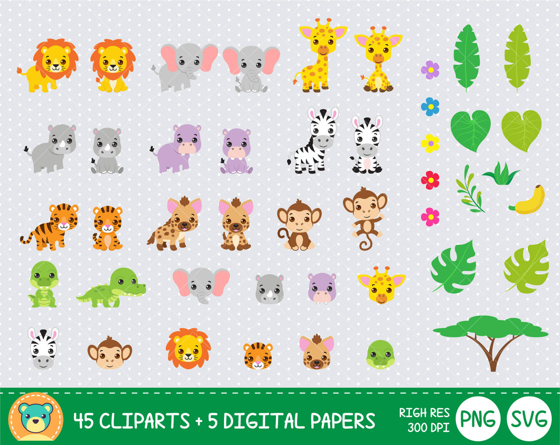 Cute Safari Animals clipart set, Digital clip art for decoration, scra ...