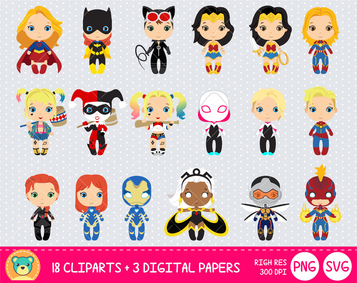 Cute Super Girls clipart set, Superheroines clip art for decoration, s ...