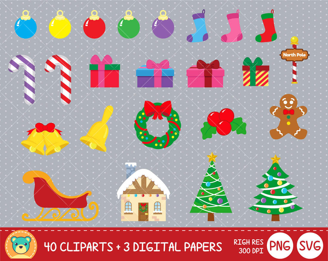 Cute Christmas clipart set, Digital clip art for decoration, scrapbook ...