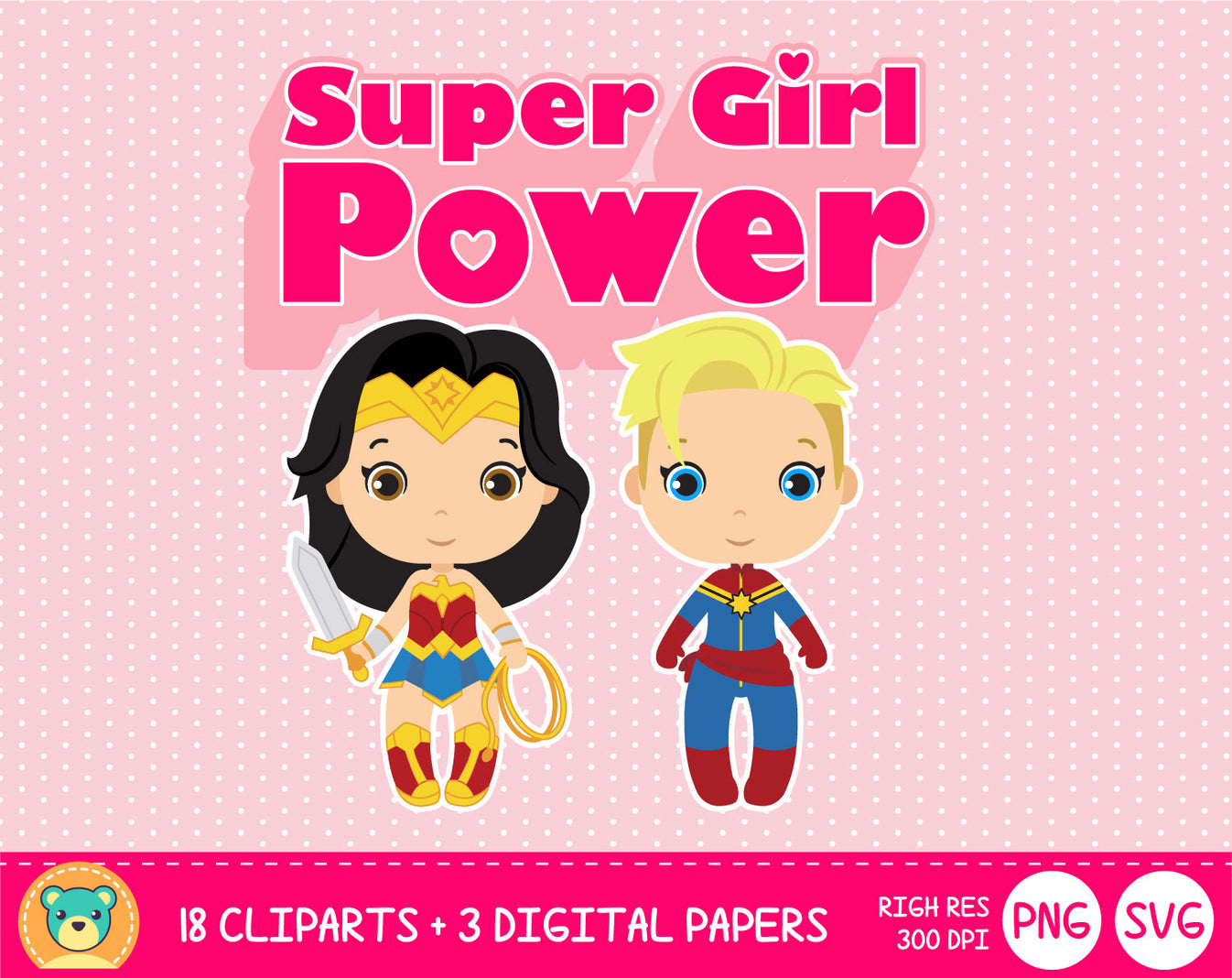 Cute Super Girls clipart set, Superheroines clip art for decoration, s ...